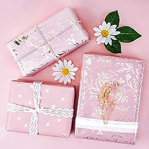 WRAPAHOLIC Wrapping Paper Roll - Pink Marble/Floral/Star Set, Perfect for Birthday, Holiday, Mother's Day, Wedding, Valentine's Day, Graduation Baby Shower - 3 Rolls - 30 inch x 120 inch