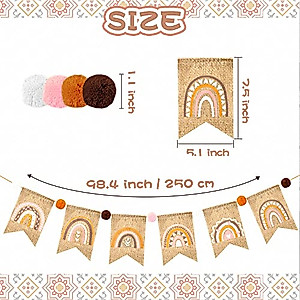 JAPBOR Boho Rainbow Burlap Banner, Bohemian Swallowtail Flag and Felt Ball Banner Decor, Wall Bohemian Hanging Garland for Baby Shower Birthday Summer Festivals Wedding Home Beach Party Decoration
