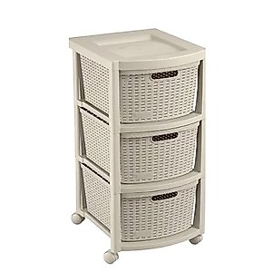 Plastic chest of drawers with 3 colored drawers, Drawer organizer 25in x 15.35in x 13in, Structure with sliding wheels, Drawers with modern design, Storage.