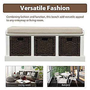 Harper&Bright Designs Entryway Storage Bench Rustic Storage Bench with 3 Removable Basket, Shoe Bench Storage Bench with Removable Cushion for Living Room, Entryway, Hallway (White)