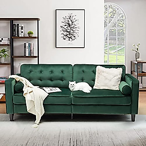Esright 84.2" Velvet Couch Sofa with 2 Bolster Pillows,Green Office Sofa Mid-Century Couch for Living Room 3 Seats Couch for Apartment
