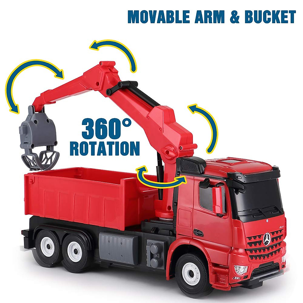 RASTAR RC Logging Truck Toys 1:24 Scale Mercedes-Benz Arocs Remote Control Dump Truck RC Construction Vehicles with Lights/Crane Arm 2.4GHz, RC Truck for Boys Kids Adults