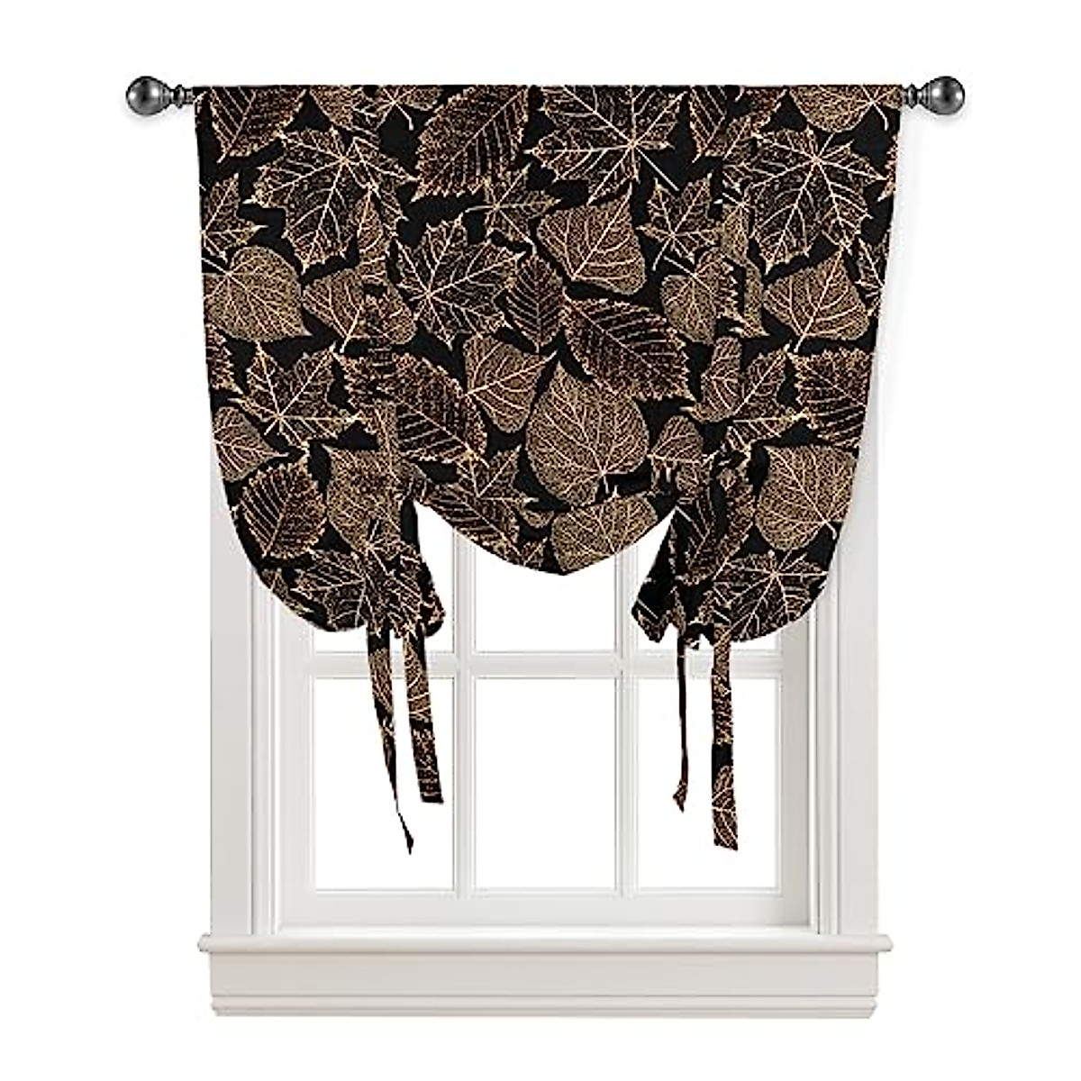 Thanksgiving Fall Tie Up Curtains for Kitchen Bathroom Bedroom Windows 63 Inch Length, Balloon Drape Curtains Shade Rod Pocket Drapery Curtain Gold Autumn Maple Leaves Black Backdrop 1 Panel, 52"x63"