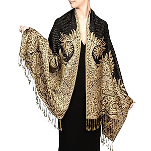 Achillea Luxurious Big Paisley Jacquard Layered Woven Pashmina Shawl Wrap Scarf Stole (Black)