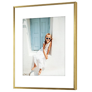 Americanflat Aluminum 11x14 Picture Frame in Gold - Use as 8x10 Picture Frame with Mat or 11x14 Frame Without Mat - Shatter Resistant Glass with Built-in Hanging Hardware for Wall