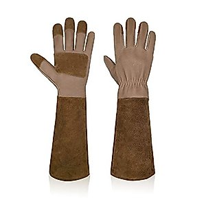 Garden Gloves Women&Men,Rose Pruning Gloves Pigskin Leather Puncture Resistance Long Sleeve Rose Gardening Gloves,Thorn Proof Garden Work Gauntlet with Forearm Protection (L, Brown)
