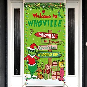 Sunwer Welcome to Whoville Door Cover Green Elf Christmas Winter Holiday Party Decoration Front Porch Sign Backdrop Banner for Home Indoor Outdoor Decor