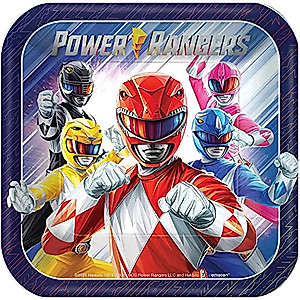 Power Rangers Birthday Party Supplies Bundle includes 16 Dessert Cake Paper Plates and 1 Dinosaur Sticker Sheet