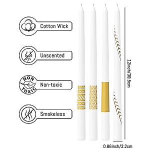 12 Inch White Taper Candles with Gold Leaf, Dripless Tapered Candle Up to 9 Hour+ Burning Time, Unscented and Smokeless Handmade Gift for Events, Dinner, Home Decor, Christmas