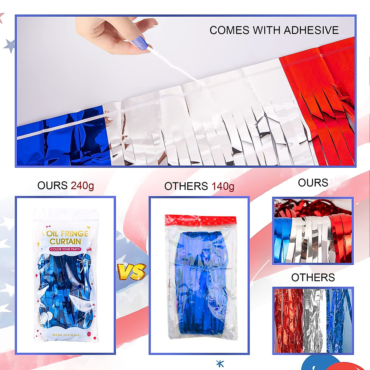 LOLStar 4th of July Decorations,Red White Blue 3 Pack America Tinsel Foil Fringe Curtains,4th of July Photo Booth Prop Streamer Backdrop for Independence Day,Memorial Day,Labor Day Patriotic Party
