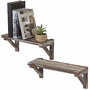 MyGift Wall Mounted Floating Shelves - 16.5 InchTorched Wood Decorative Shelf with Wooden Brackets, Set of 2