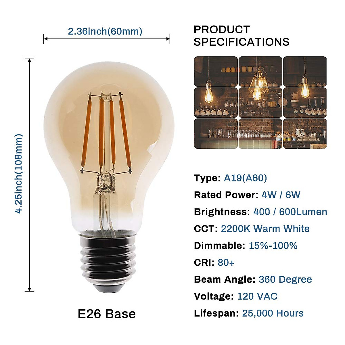 Vintage LED Edison Light Bulbs, A19 Edison Bulbs, 6W Equivalent to 60W, 2200K Warm White, Antique Dimmable LED Filament Bulb, Amber Light Bulbs, Old Fashioned Light Bulbs, E26, 6 Pack