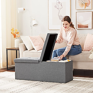 SONGMICS Storage Ottoman, Foldable Storage Bench, 15 x 43 x 15 Inches, Flipping Lid, 660 lb Load Capacity, for Entryway, Living Room, Bedroom, Ash Gray ULSF71G