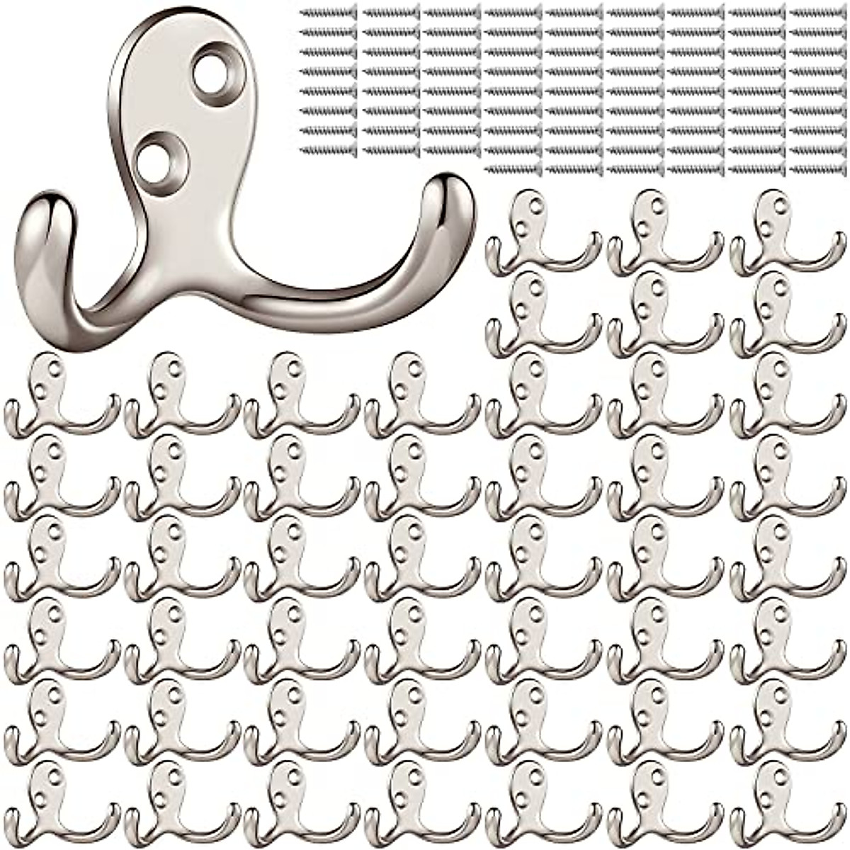 40 Pcs Heavy Duty Double Prong Coat Hooks Wall Mounted with 80 Screws Metal Retro Double Hook Utility Hook Rustproof Hardware Wall Hook for Coats, Scarves, Bags, Key, Towel, Hats, Mugs (Silvery)