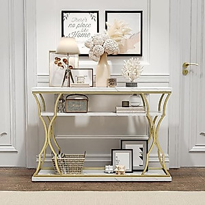 Modern Console Table Entryway, 47.24" Faux Marble Narrow Sofa Table Free Combine Two Different Shape for Hallway Entrance Hall Foyer Corridor Living Room Gold Base (Gold)