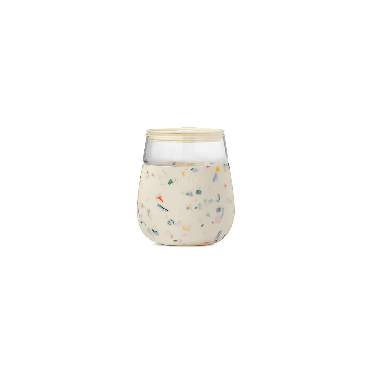 W&P Porter Portable Cocktail Glass with Protective Silicone Sleeve, Terrazzo Cream, 15 Ounces, On-the-Go, Reusable Wine Tumbler with Slide-lock Lid, Dishwasher Safe, 15 oz