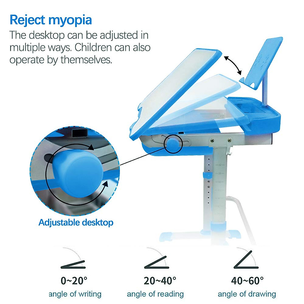 Yinleader Kids Desk and Chair Set,Height Adjustable,Spacious Storage Drawer,with Adjustable Tilted Desktop, Bookstand, Touch Led Lamp for School Student (Blue Set)