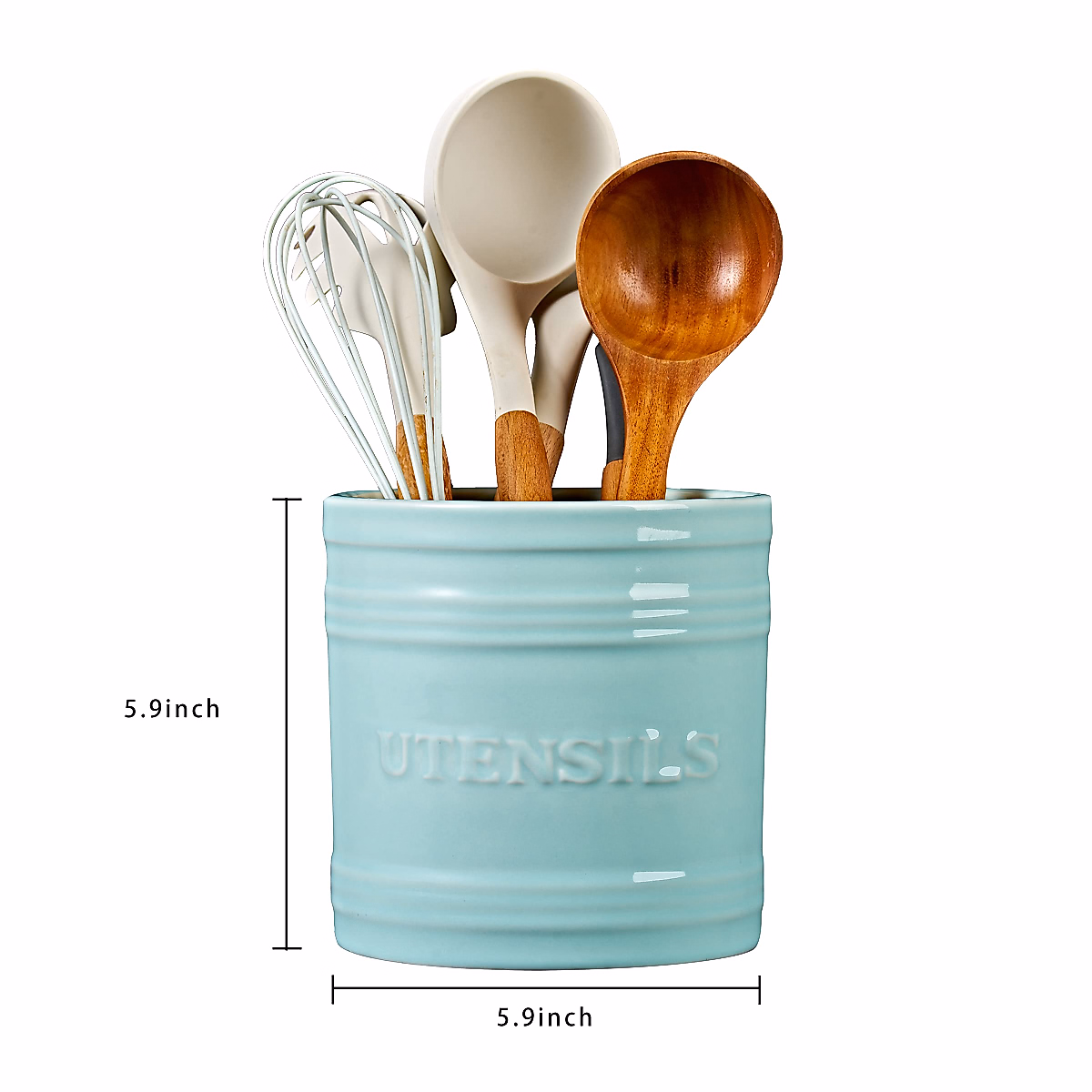 Kitchen Utensil Holder for Countertop 5.9 inch Porcelain Utensil Crock for Kitchen Deep and Large, Turquoise