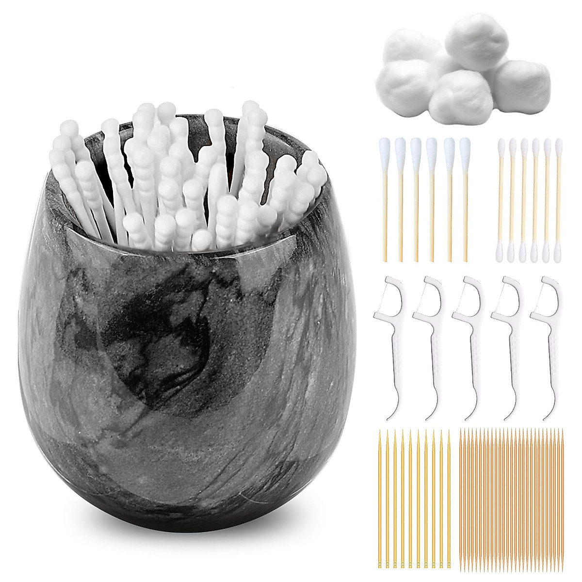 Marble Qtip Holder, Cotton Balls Holder - Modern Dispenser for Bathroom Organization - Q Tip Canister Accessories Cute Jar for Q-tip, Cotton Swabs, Toothpicks, Cotton Balls, Floss Sticks, Sea Salt