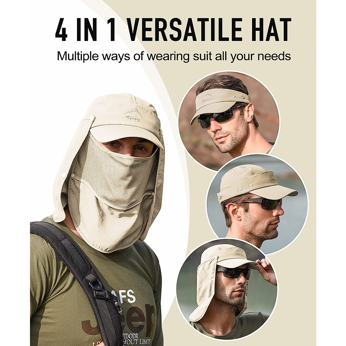 Koreshion Men Women Fishing Hat Outdoor UV Protection Sun Hat 4 in 1 Summer Hat Baseball Cap Visor Hat with Removable Mesh Face Cover & Neck Flap Beige