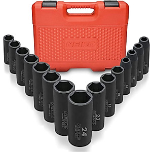 NEIKO 02474A 1/2" Impact Socket Set, 15 Piece Metric Socket Set 10-24 mm, Deep Sockets, 6 Point, 1/2” Drive Sockets for 1/2" Impact Wrench, Chrome Vanadium Cr-V