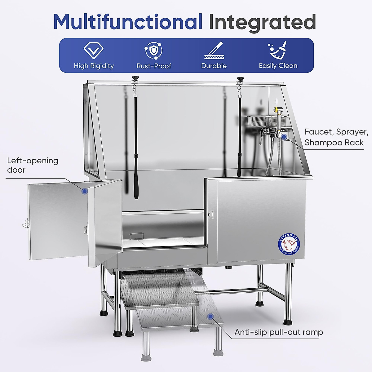 Flying Pig 50" Stainless Steel Pet Dog Grooming Bath Tub with Walk-in Ramp & Accessories (Left Door/Right Drain)