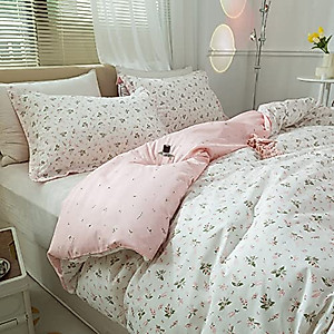 Girl Floral Duvet Cover Twin Pink White Flower Print Bedding Sets Garden Style Floral Comforter Cover Cotton Aesthetic Bedding Cover Chic Floral Bedroom Collection 1 Duvet Cover with 2 Pillowcases
