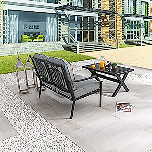 LOKATSE HOME 2 Pieces Outdoor Patio Conversation Furniture Metal Bench Sofa Set Loveseat with Cushion and Coffee Table, Grey