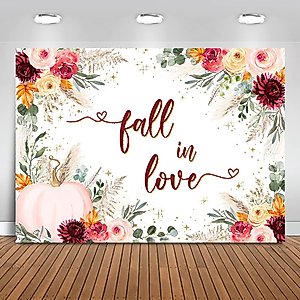 Mocsicka Fall in Love Bridal Shower Backdrop Burgundy Pink Pumpkin Bridal Shower Background Boho Autumn Bridal Shower Party Decorations Banner Photo Studio Props (7x5ft)