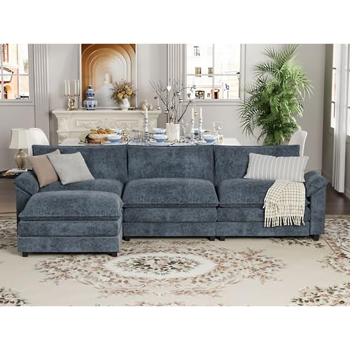 YESHOMY Sectional Modular Sofa L Shaped Chenille Fabric Couch with High Supportive & Soft Sponges and Removable Ottoman, Sleeper Comfy Upholstered Furniture for Living Room, Blue
