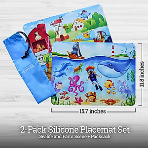 Klean Kids [2 Pack] Silicone Placemat for Toddlers (Sealife and Farm) - Non Slip 2-Pack with Travel Bag - Sealife/Farm - Alternative to Suction Plates for Babies - Essential Baby Feeding