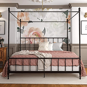 Pemberly Row King Size Canopy Bed with Headboard, Footboard, Metal Slats in Metal, in Black, No Box Spring Needed, Easy Assembly
