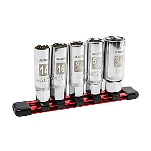 ARES 11016-5-Piece Magnetic Spark Plug Socket Set - Includes 14mm and 16mm Thin Wall Sockets and 9/16-inch, 5/8-inch, and 13/16-inch Sockets - Convenient Reusable Storage Rail Included