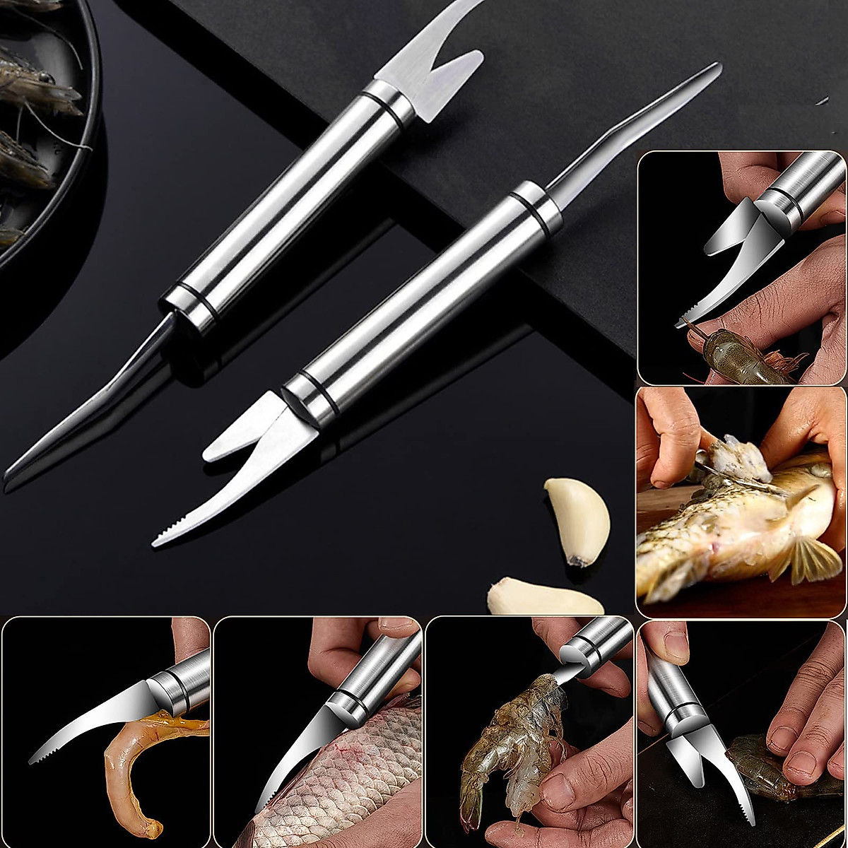 PurHyac 2Pcs Shrimp Deveiner Tool and Peeler, Toadfish Shrimp Cleaner, 5 in 1 Multifunctional Shrimp Peeler and Deveiner Tool, Oyster Shucking Knife, Ergonomic Non-Slip Grip, Kitchen Essential, 9in