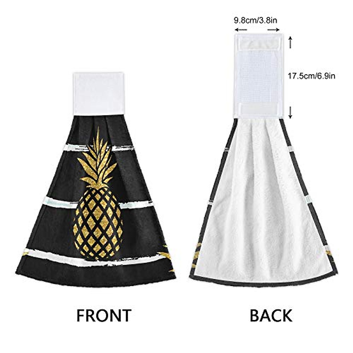 Yellow Gold Golden Glitter Pineapple On White Black Stripes 2 Pcs Hanging Kitchen Hand Towels, Hanging Tie Towels with Hook & Loop Dishcloths Sets, Decorative Absorbent Tea Bar Bath Hand Towel