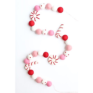 Mini Felt Factory | Christmas Felt Garland ~7 Ft 100% Wool Pom 2.5 cm Balls Candy Cane Peppermint Ornament Boho Pink Holiday Bright Decor Mantel Hanging Seasonal Banner Craft Wall Party