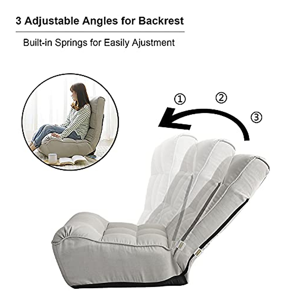 Indoor Chaise Lounge Chair, 3 Angles Adjustable Floor Chair, Folding Lazy Sofa Couch for Teens and Adults, Cushion Padded Comfy Chair for Living Room and Bedroom (Light Grey)