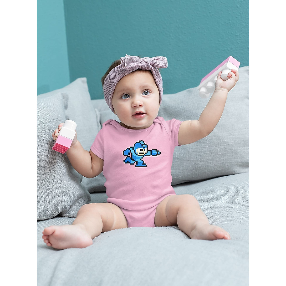 Pop Threads Mega Man 8 Bit Running Baby Bodysuit Boy Megaman Video Game Girl Infant Gifts Light Blue 6M