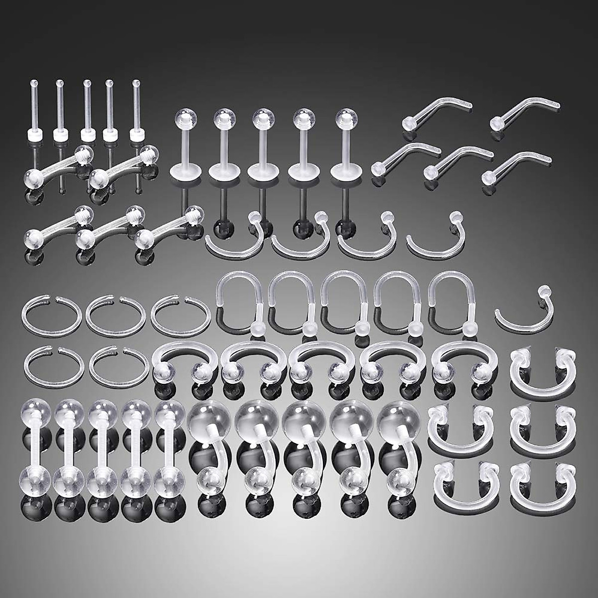 Oveta 55pcs Clear Piercing Retainers Flexible Bioflex 14G 16G 20G Navel Belly Button Ring Lip Labret Eyebrow Tongue Barbells Cartilage Tragus Earrings Retainer