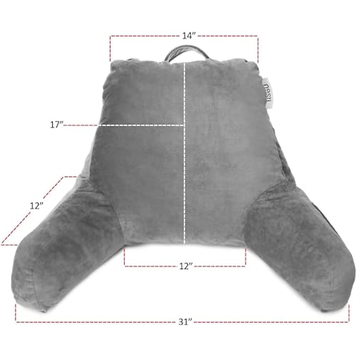 Nestl Reading Pillow Standard Bed Pillow, Back Pillow for Sitting in Bed Shredded Memory Foam Chair Pillow, Reading & Bed Rest Pillows Grey Back Pillow for Bed, Bed Chair Arm Pillow with Pockets