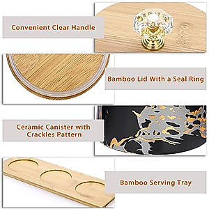 JUXYES Set of 3 Canisters Set for Sugar Coffee Tea with Airtight Lid, Ceramic Storage Containers Sets Black Storage Pots with Tray Storage Jar Decorative Canisters Sets for for Kitchen Counter