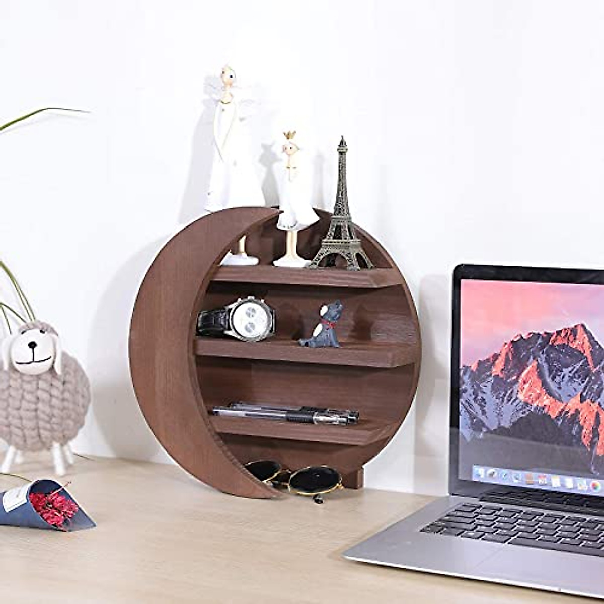 Moon Shelf Moon Decor Crystal Display Shelf Rustic Wooden Boho Wall Decor Shelves Witchy Room Crescent Floating Premium Solid Pine Wood for Wall Crystal Essential Oils Storage Great Gifts Living Room