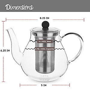 BTaT - Glass Teapot with Removable Infuser (32oz, 1000ml) Stovetop Safe Tea Kettle, Blooming and Loose Leaf Tea Maker Set, Mother's Day Gift