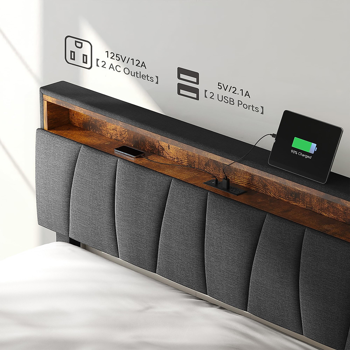 YITAHOME Queen Size Bed Frame, LED Bed Frame with Storage Bookcase Headboard, Upholstered Platform Bed with Charging Station, No Box Spring Needed, Easy Assembly, Grey