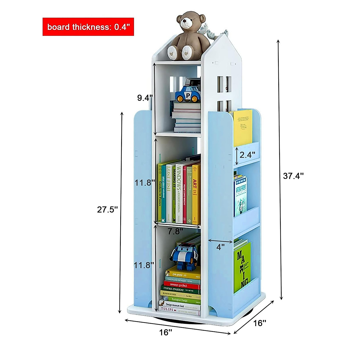 mopam 360° Rotating House Bookshelf 3-Tier Floor Standing Revolving House Bookcase Book Storage Shelf Organizer for Home Office Decor, Blue