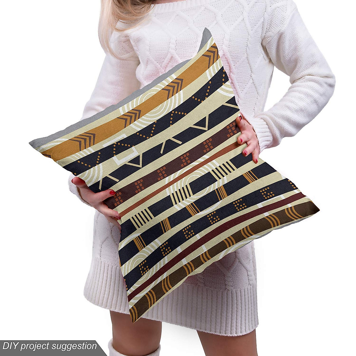 Ambesonne Abstract Fabric by The Yard Ethnic Style Geometric Forms Striped Pattern on Bold Earth Tones Decorative Material for Modern Farmhouse Decor Upholstery and Home Accents 1 Yard Orange Cream