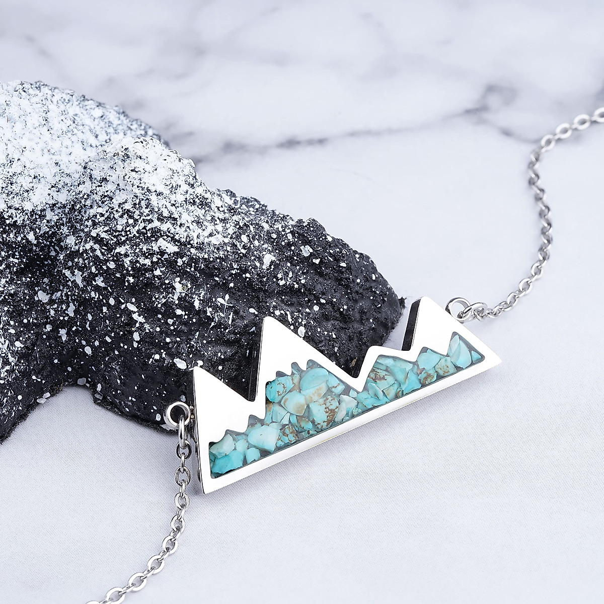 Lauren-Spencer Gemstone Mountain Necklace for Women Turquoise Malachite Tumbled Chips Stone Pendant Necklace Dainty Snowy Mountain Range Necklace for Women Nature Jewelry Gift (Turquoise)