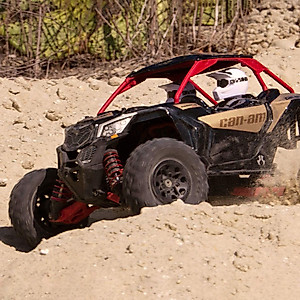 Axial Yeti Jr. Can-Am Maverick X3 RC Rock Racer 4WD Brushed Off-Road Side-by-Side 1/18 Scale RTR (Includes 2.4 Ghz Transmitter, Battery & Charger): AXI90069,Red, Gold and black