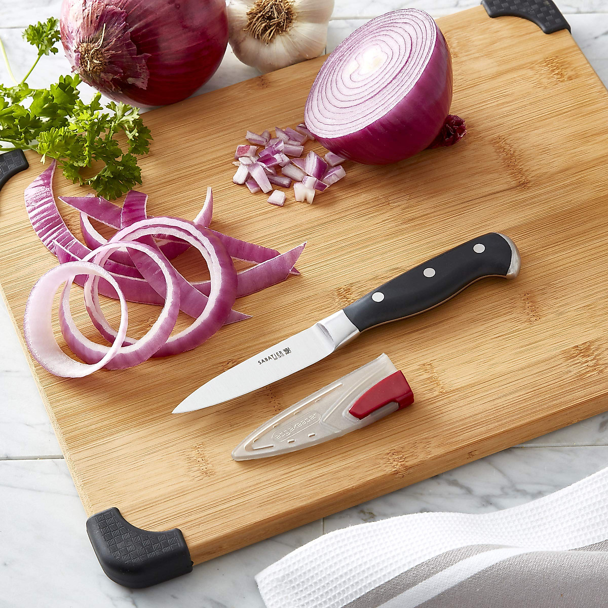 Sabatier Forged Triple-Rivet Paring Knife with Self-Sharpening Blade Cover, High-Carbon Stainless Steel, Razor-Sharp Kitchen Knife to Cut Fruit, Vegetables and more-3.5-Inch, Black