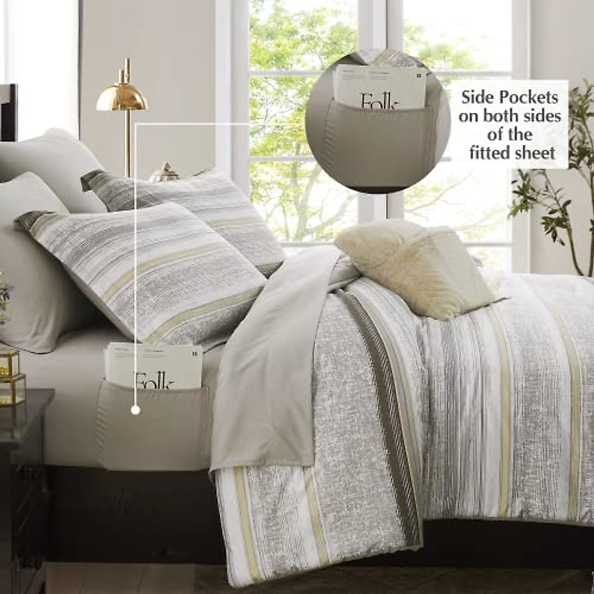 MaiRêve Grey Twin Bed in A Bag, Soft Grey Stripe Minimalist Comforter Set Urban House Design 6 Pieces for Boys Girls or Dorm Bedding(Mosaic Horizontal Stripes,Twin)